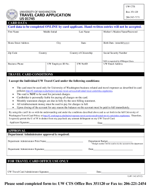 Fillable Online f2 washington TRAVEL CARD APPLICATION - University of ...