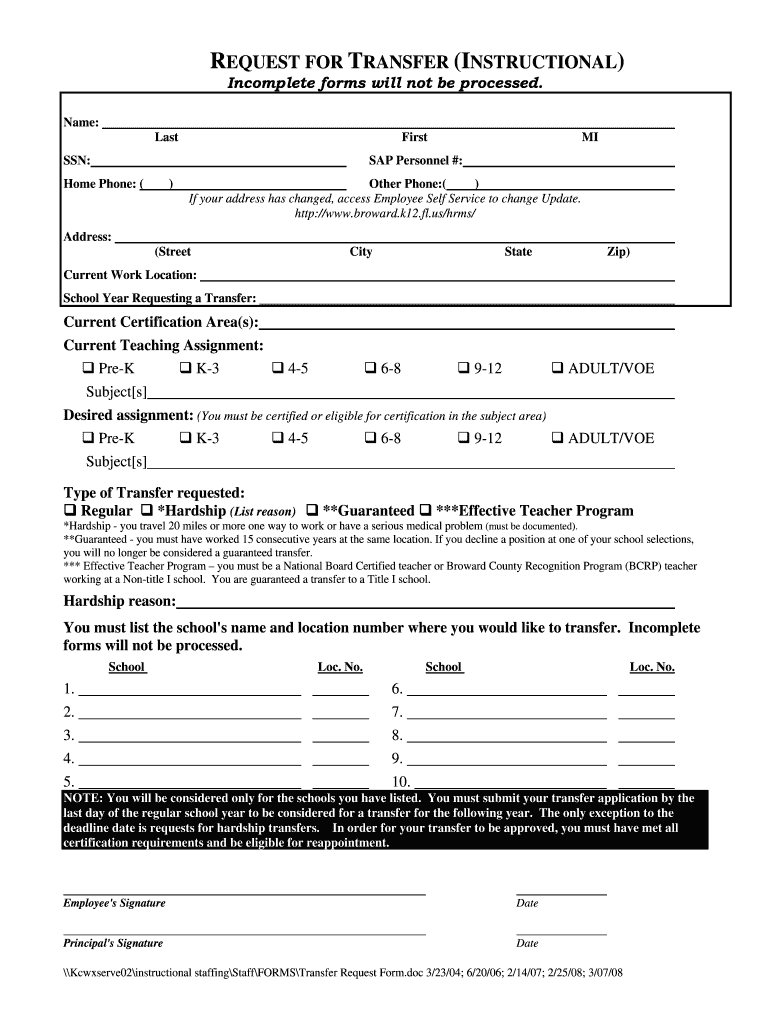 Fillable Online broward k12 fl REQUEST FOR TRANSFER (INSTRUCTIONAL) Fax Email Print - pdfFiller