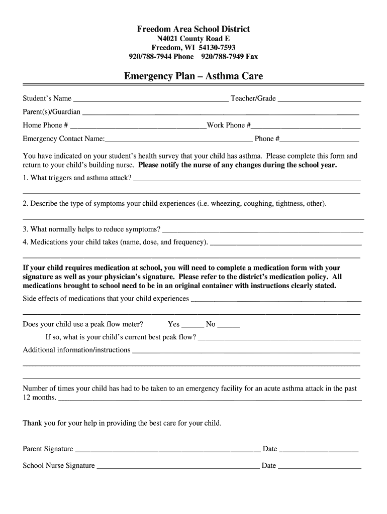 Fillable Online Emergency Plan - Asthma Care - Freedom Area School ...