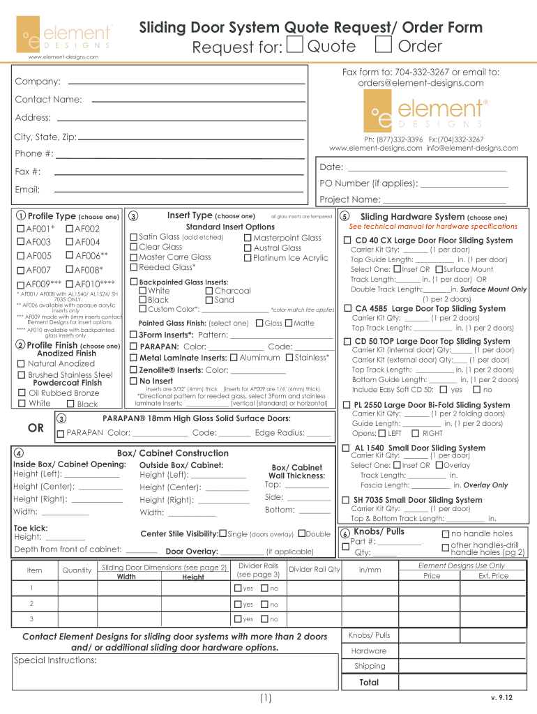 Fillable Online Sliding Door System Quote Request/ Order Form Order ...