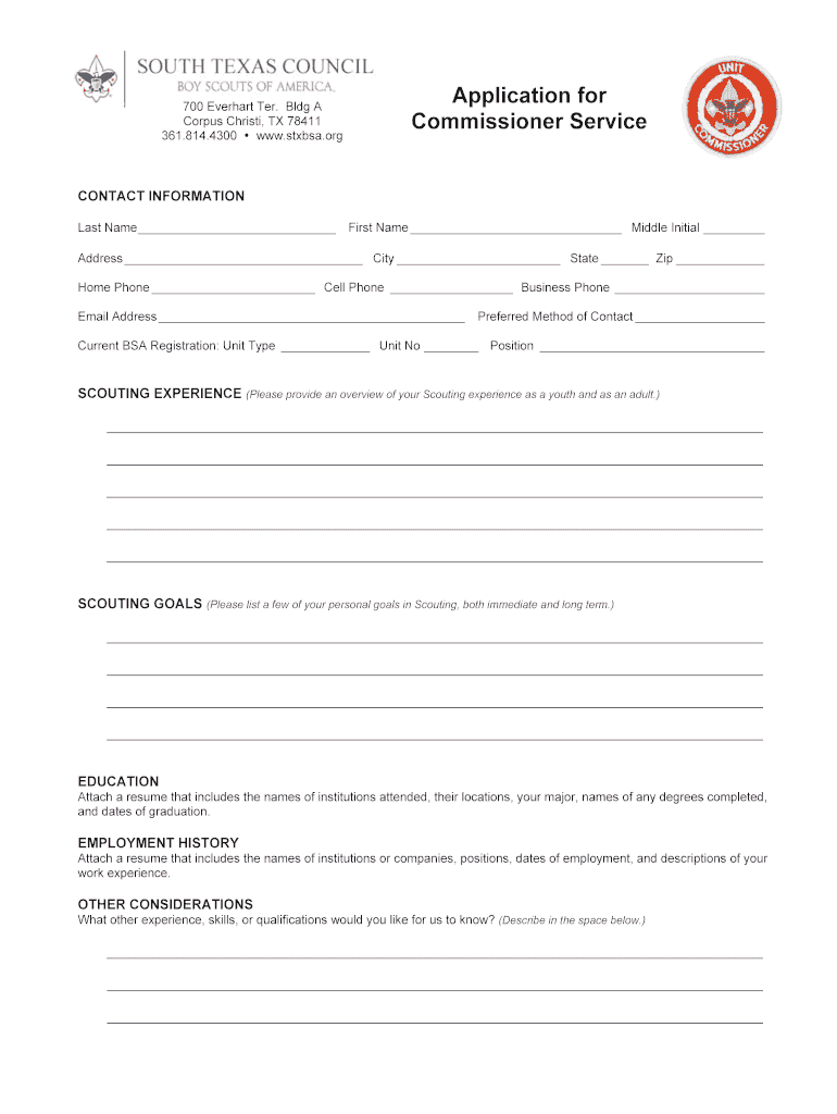 Fillable Online coastalplains southtexasbsa Application for Commissioner Service - Coastal ...