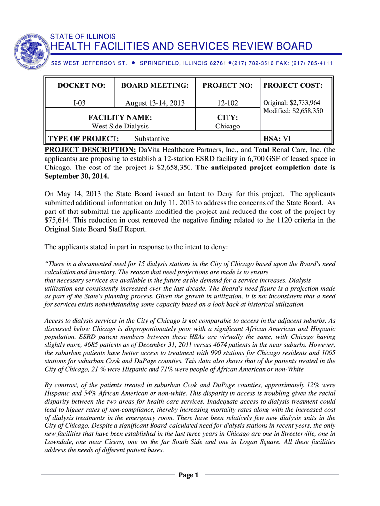 Fillable Online idph state il 12-102 West Side Dialysis - idph state il ...