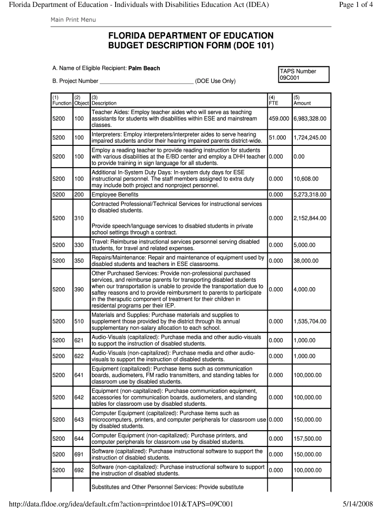 Fillable Online FLORIDA DEPARTMENT OF EDUCATION BUDGET DESCRIPTION FORM ...