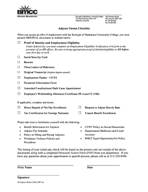 Fillable Online bmcc cuny Adjunct Packet Checklist Proof of Identity and Employment Eligibility ...