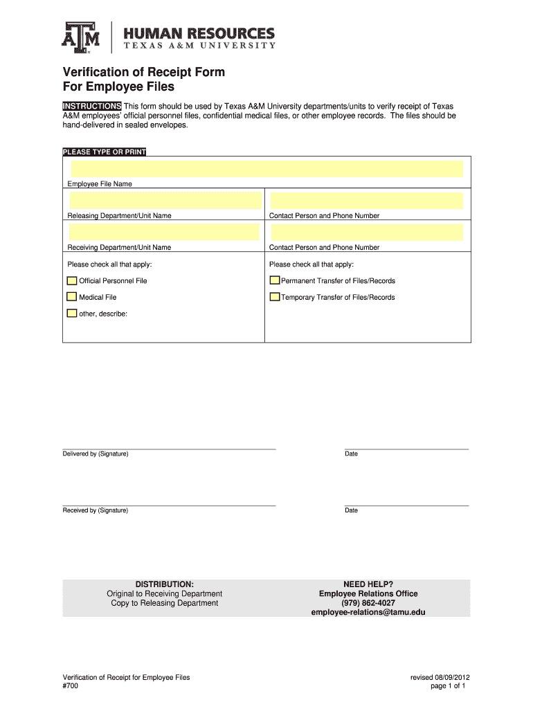 Fillable Online employees tamu Verification of Receipt Form For ...