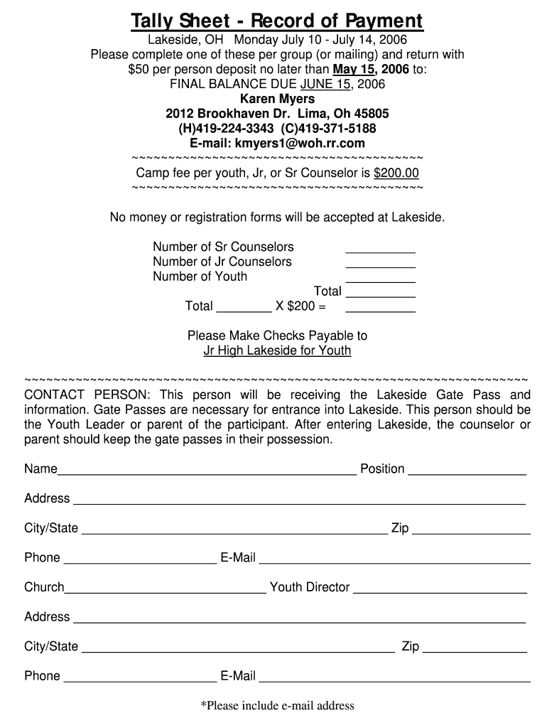 Fillable Online ldym Tally Sheet - Record of Payment - LDYM.org Fax ...