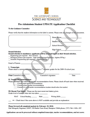 Fillable Online Pre-Admissions Student UPDATE bApplicationb Checklist ...
