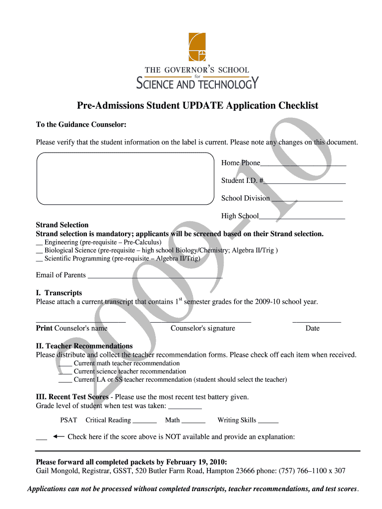 Fillable Online Pre-Admissions Student UPDATE bApplicationb Checklist Fax Email Print - pdfFiller