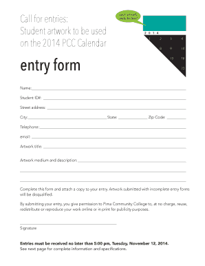 Fillable Online pima Student Artwork Entry Form 2014 PCC Calendar ...