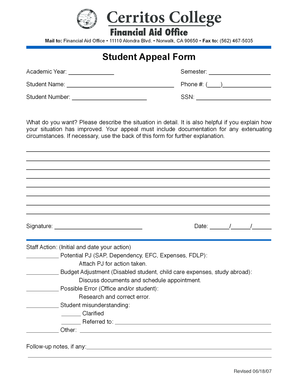 Fillable Online cms cerritos Student Appeal Form Financial Aid Office ...