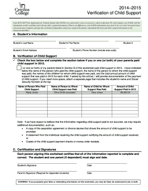 Fillable Online cms cerritos 20142015 Verification of Child Support Fax Email Print - pdfFiller