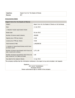 Fillable Online set or Report Form for The Resale of Shares - set or ...