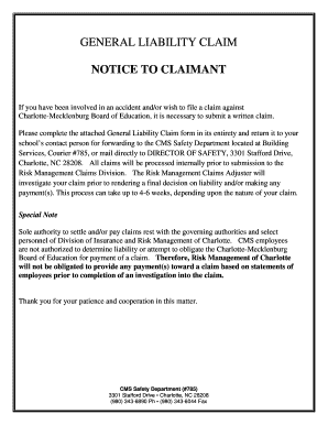 Fillable Online cms k12 nc THIS GENERAL LIABILITY CLAIM FORM MUST BE ...