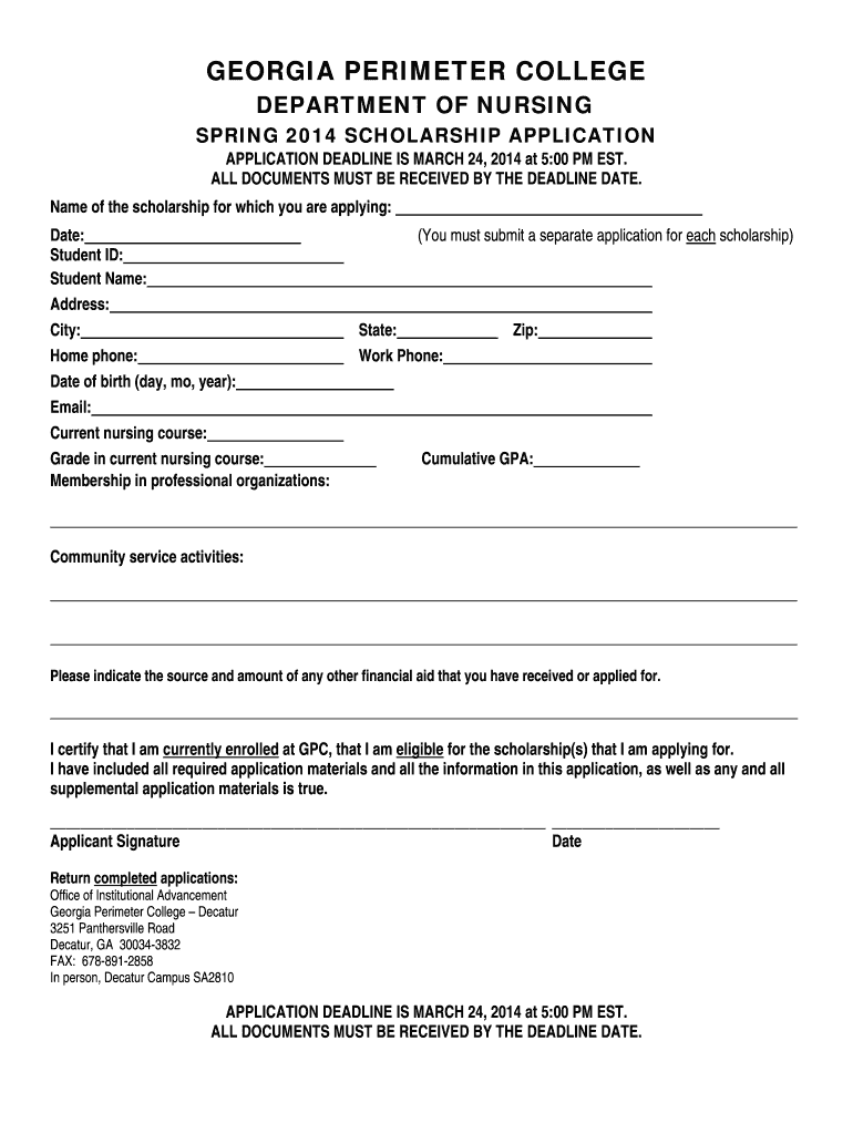 Fillable Online Nursing scholarship application - GPC Home - Georgia ...