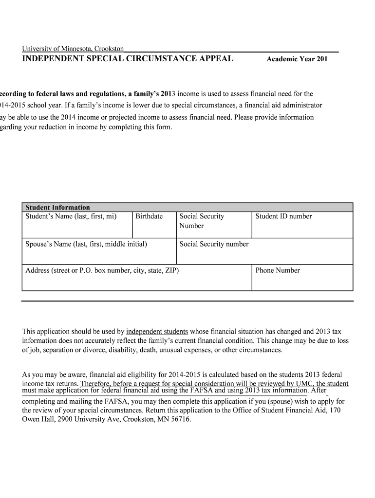 Fillable Online www3 crk umn Independent special circumstance appeal - University of Minnesota ...