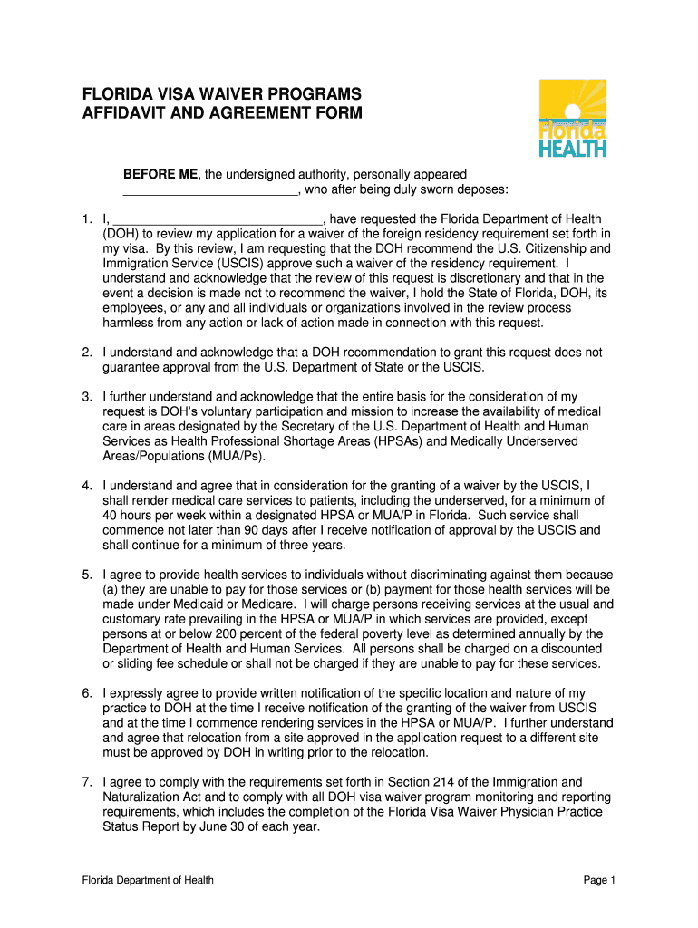 Fillable Online FLORIDA VISA WAIVER PROGRAMS AFFIDAVIT AND AGREEMENT ...