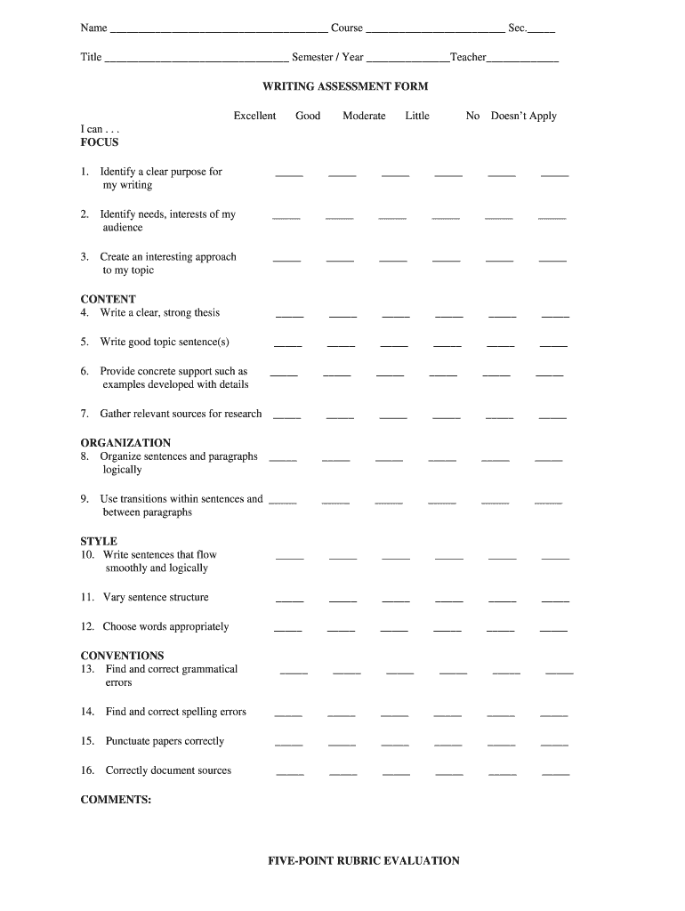 Fillable Online Title Semester / Year Teacher WRITING ASSESSMENT FORM ...