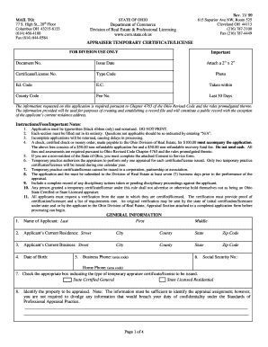 Fillable Online Ohio Appraiser Temporary Certificate/license ...