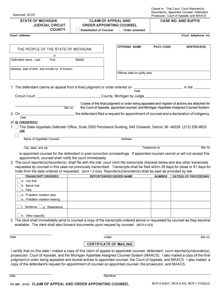 Fillable Online Claim of Appeal and Order Appointing Counsel - State ...