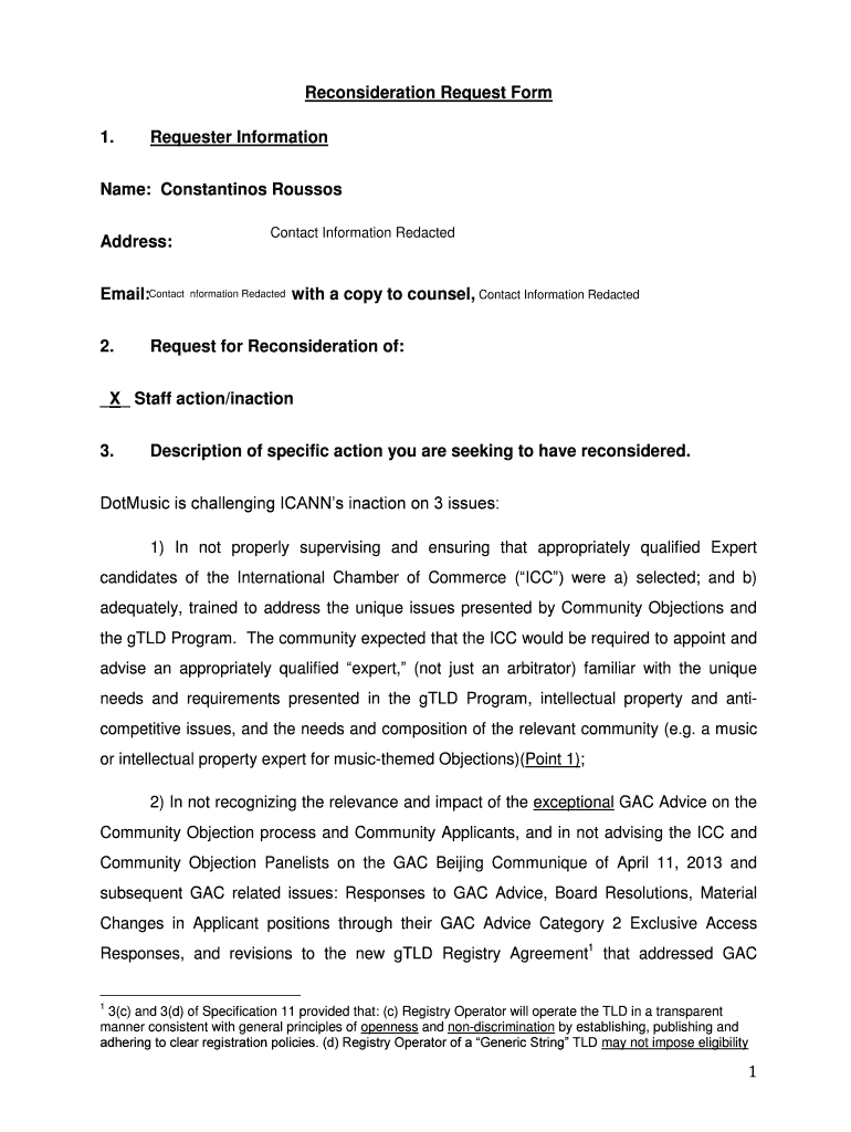Fillable Online icann Reconsideration Request Form 1. Requester ...