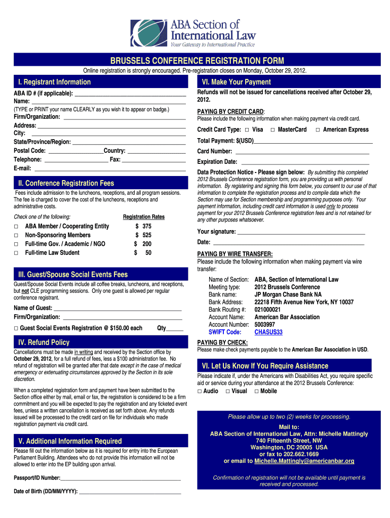 Fillable Online americanbar Brussels conference registration form ...