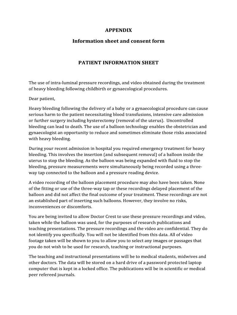 Fillable Online uow edu APPENDIX Information sheet and consent form ...