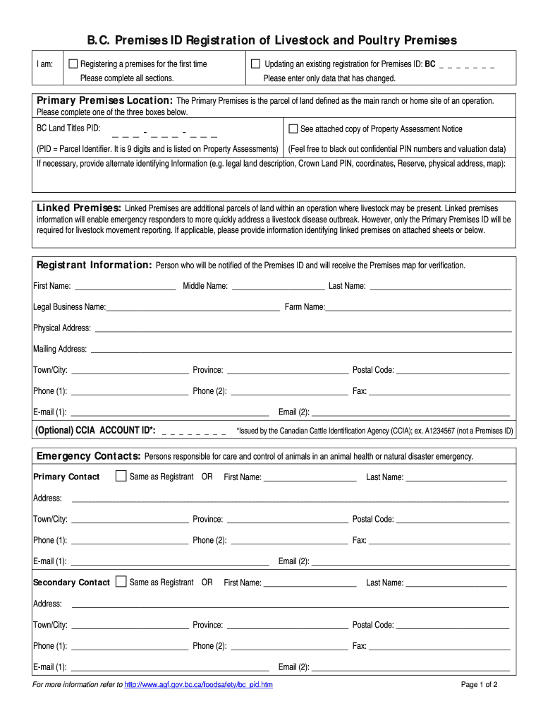 Fillable Online agf gov bc B.C. Premises ID Registration of Livestock ...