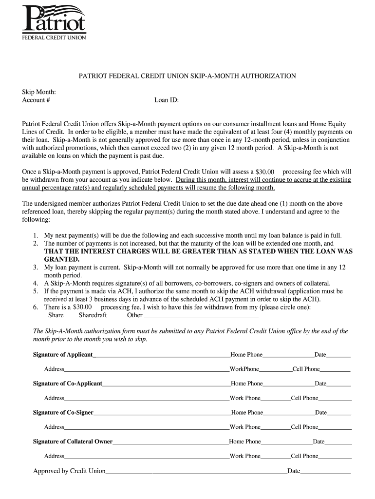 Patriot Federal Credit Union Skip-A-Month Authorization Form - Fill ...