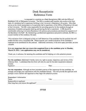 Fillable Online marquette Desk Receptionist Reference Form - Marquette ...