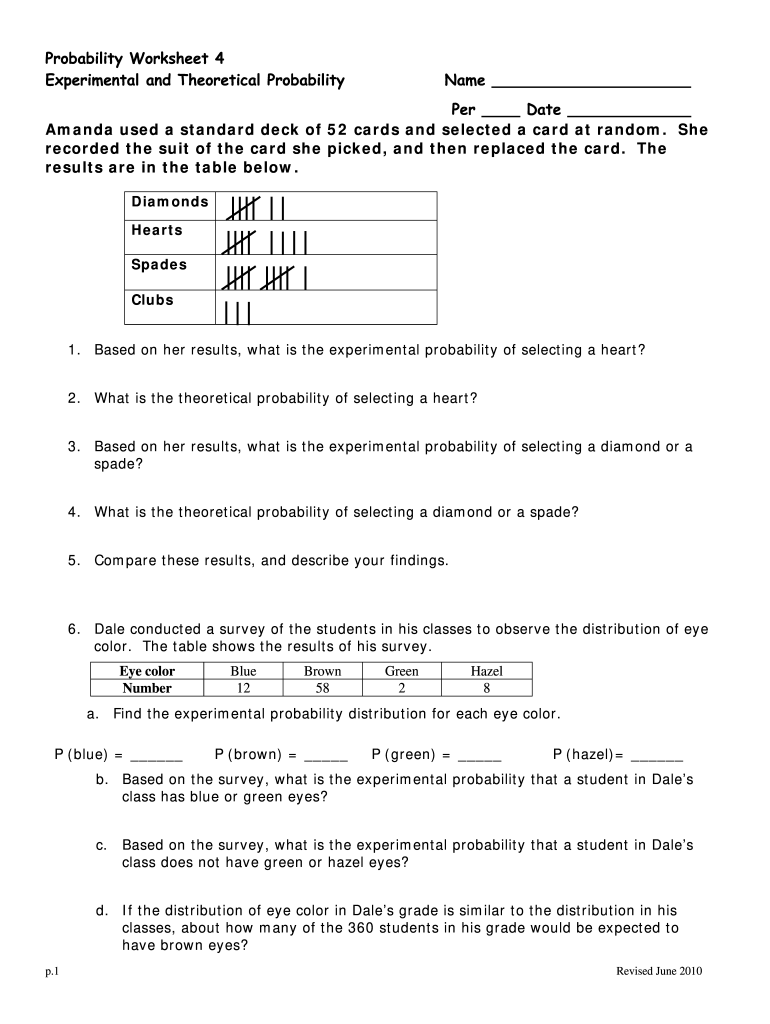 Probability Worksheet Experimental Form Fill Online Printable Fillable Blank PdfFiller