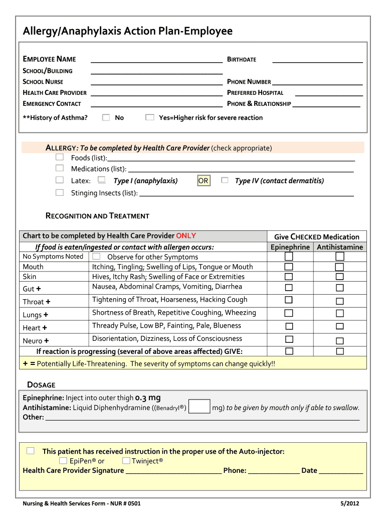 Fillable Online asdk12 Allergy/Anaphylaxis Action Plan-Employee ...