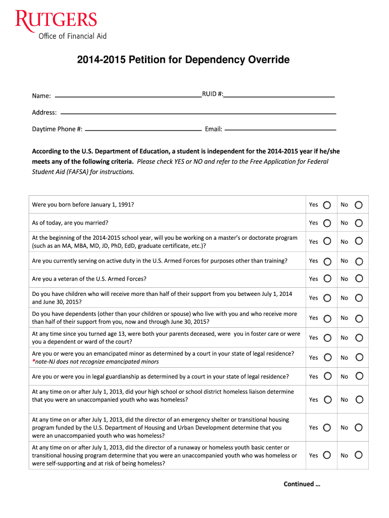 Fillable Online studentaid rutgers 2014-2015 Petition for Dependency ...