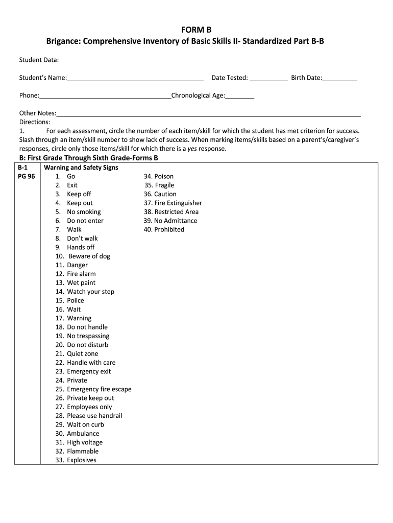 Brigance Printables Printable Templates