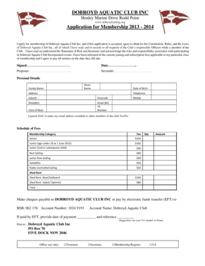 Fillable Online DOBROYD AQUATIC CLUB INC Application for Membership ...