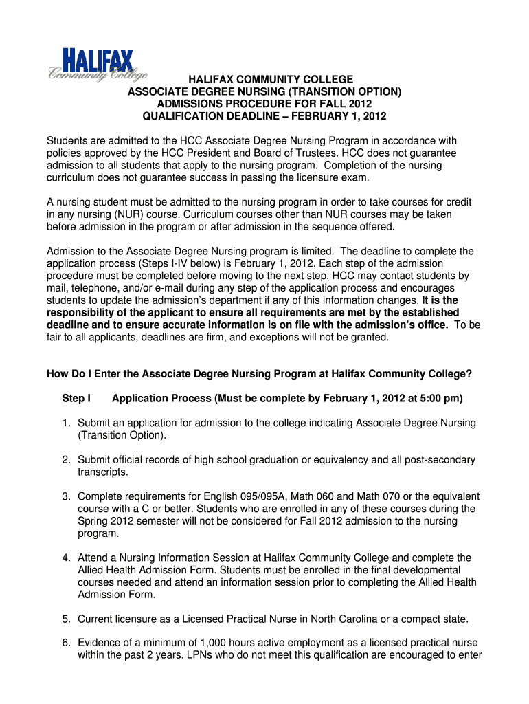 Fillable Online halifaxcc Halifax community college associate degree nursing (transition option ...