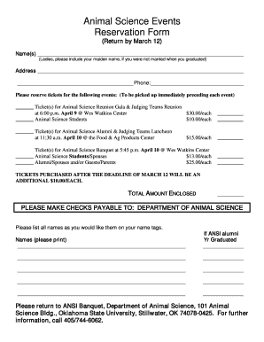 Fillable Online ANSI Banquet Reservation Form Department Of Animal ...