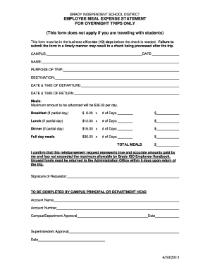 Fillable Online Meal Per Diem Form - Brady ISD Fax Email Print - pdfFiller