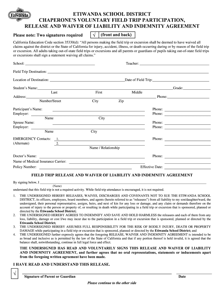 Fillable Online Chaperone Consent Form - Etiwanda School District Fax Email Print - pdfFiller