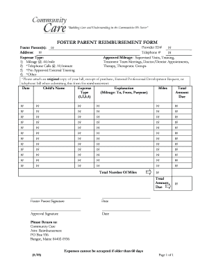 Fillable Online comcareme FOSTER PARENT REIMBURSEMENT FORM - Community ...