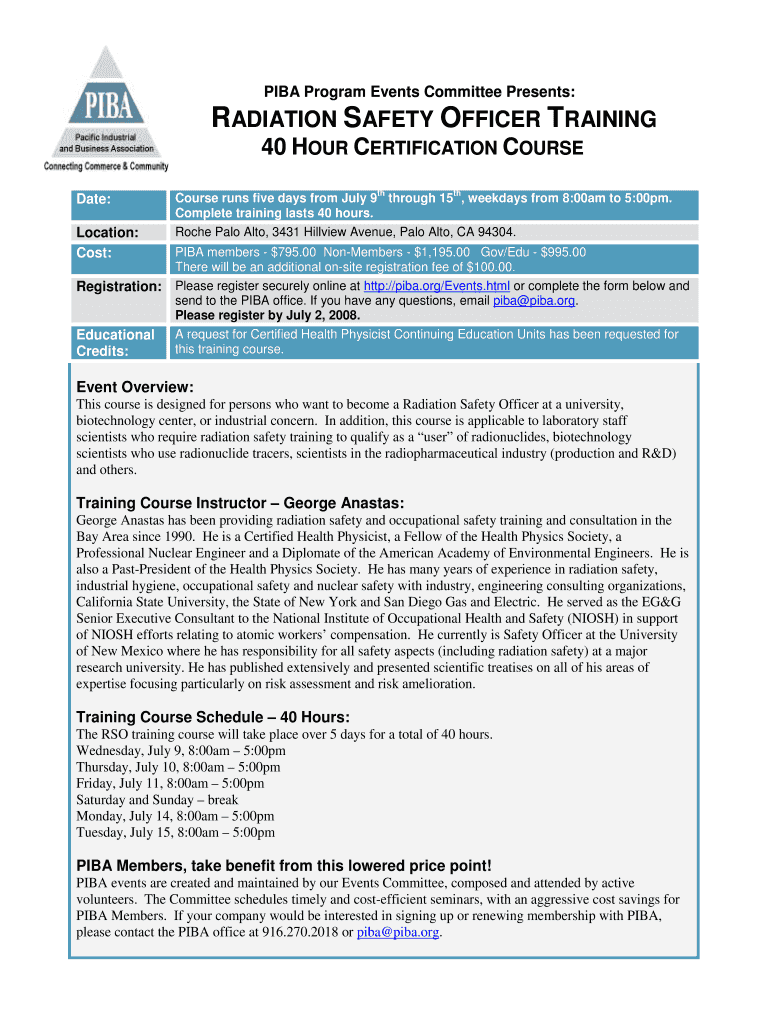 Fillable Online piba RADIATION SAFETY OFFICER TRAINING - piba Fax Email ...