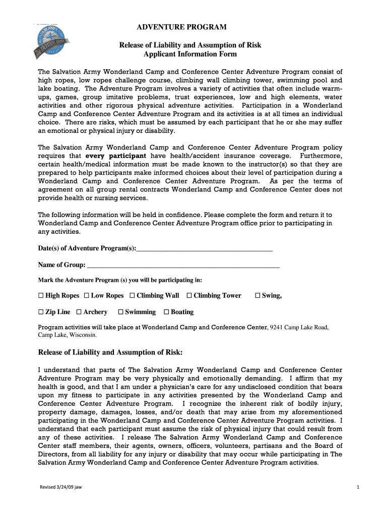 Fillable Online usc salvationarmy ADVENTURE PROGRAM - The Salvation ...