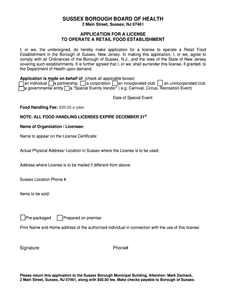 Fillable Online Food Handling Licenses - Sussex Borough Fax Email Print ...
