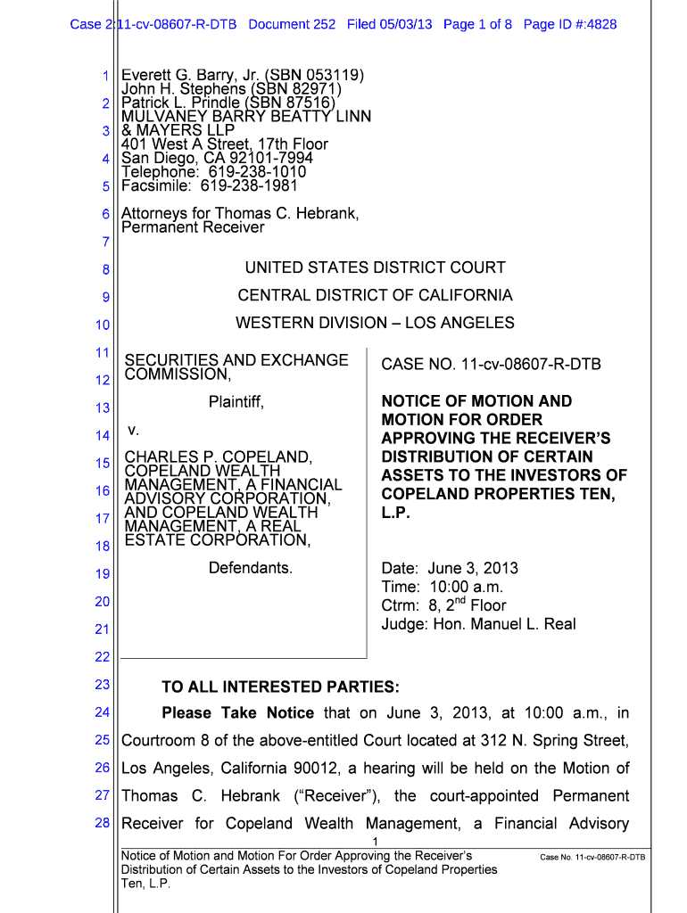 Fillable Online Motion for Distribution of Certain Assets CP-10 Memo Decl POS etc Fax Email ...