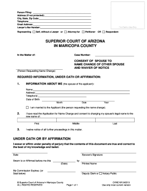 Fillable Online superiorcourt maricopa CONSENT OF SPOUSE TO NAME CHANGE ...