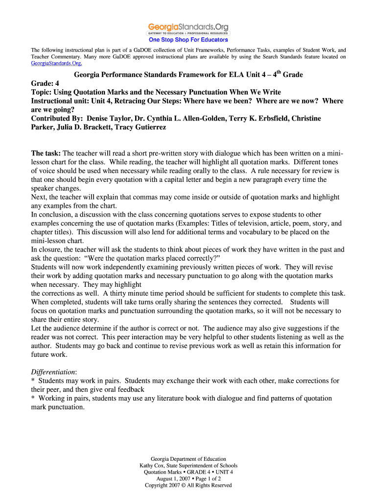 Fillable Online Georgia Performance Standards Framework for ELA Unit 4 ...