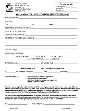 Fillable Online salina-ks APPLICATION FOR LICENSE TO MOVE AN OVERSIZED LOAD Fax Email Print ...