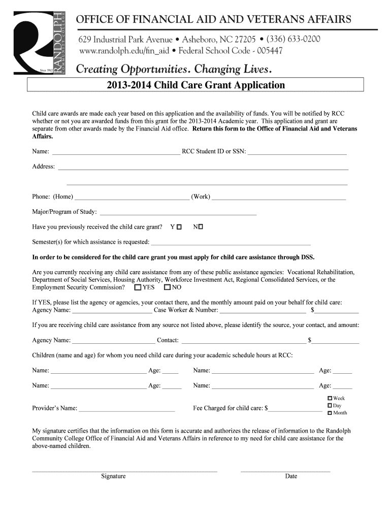 Fillable Online randolph 2013-2014 Child Care Grant Application ...