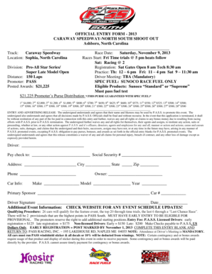Fillable Online OFFICIAL ENTRY FORM - 2013 CARAWAY SPEEDWAY-NORTH ...