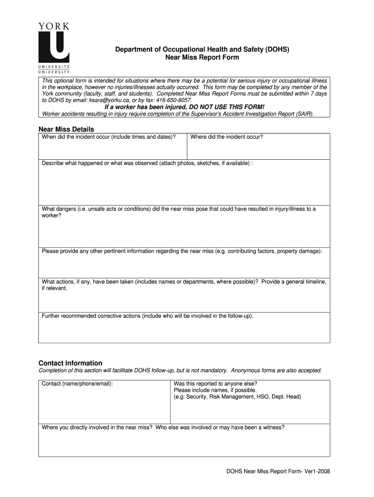Fillable Online yorku DOHS Near Miss Report Form.doc Fax Email Print ...