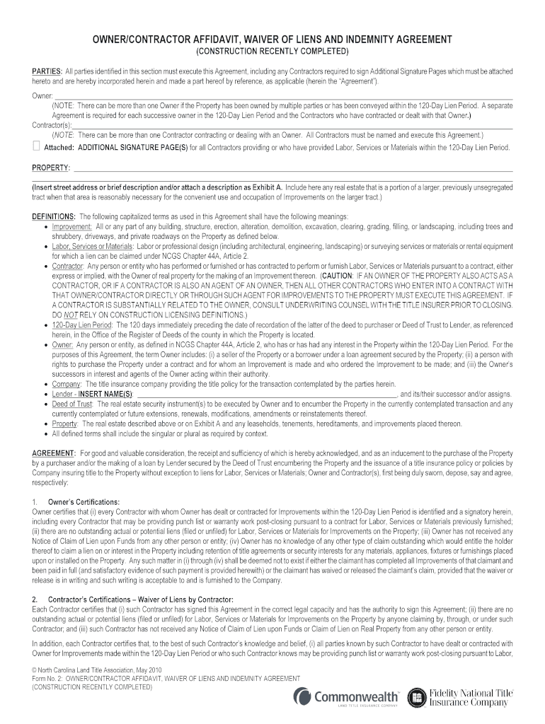 Fillable Online OWNER/CONTRACTOR AFFIDAVIT, WAIVER OF LIENS AND INDEMNITY ... Fax Email Print ...